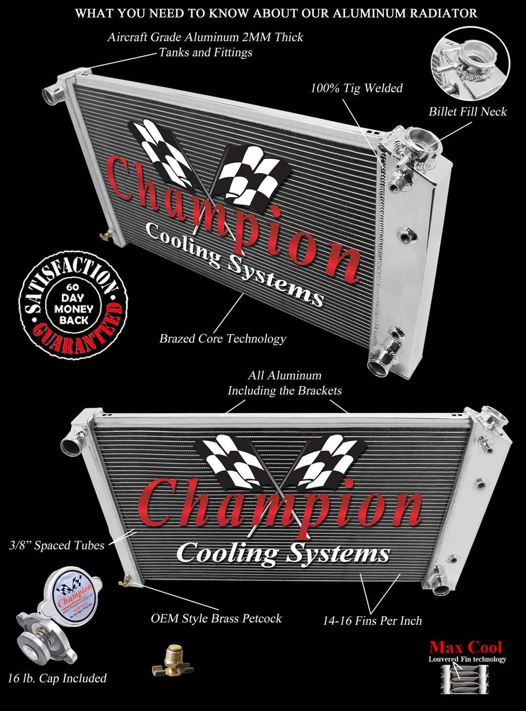 4 Row Rockin Champion Radiator 17"x28" Core for 1968 - 1973 Pontiac GTO ...