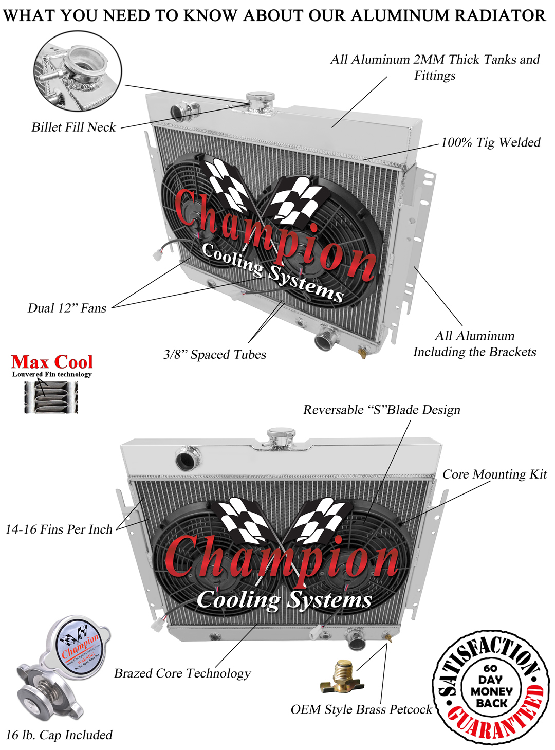 1963-1968 Chevy Impala All Aluminum 4 Row KR Champion Radiator Fan ...