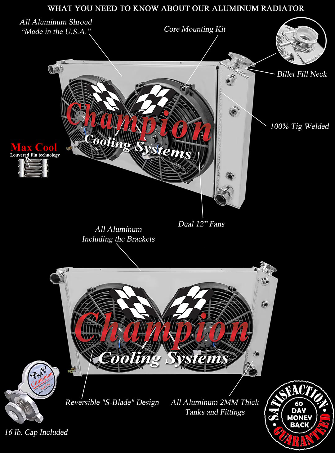 4 Row CR Champion Radiator 26" Core, 2 12" Fans, Shroud for 1970 - 1981 ...
