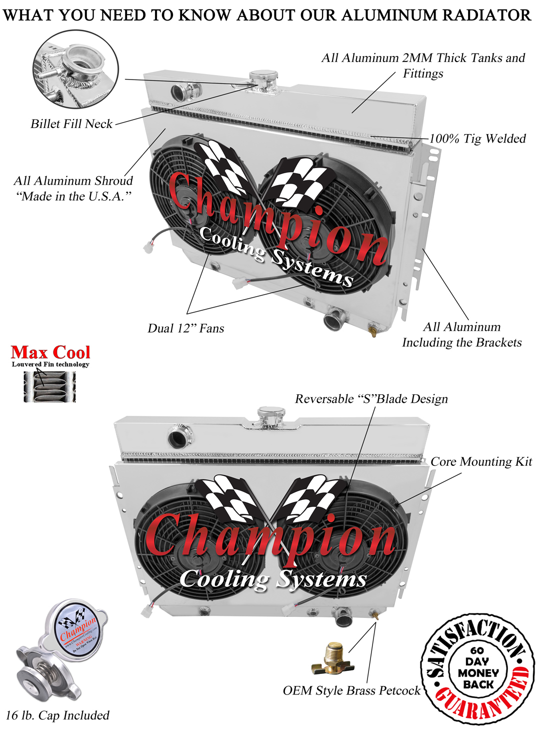 1964-1967 Chevy Chevelle Aluminum 3 Row KR Champion Radiator Fan Shroud ...