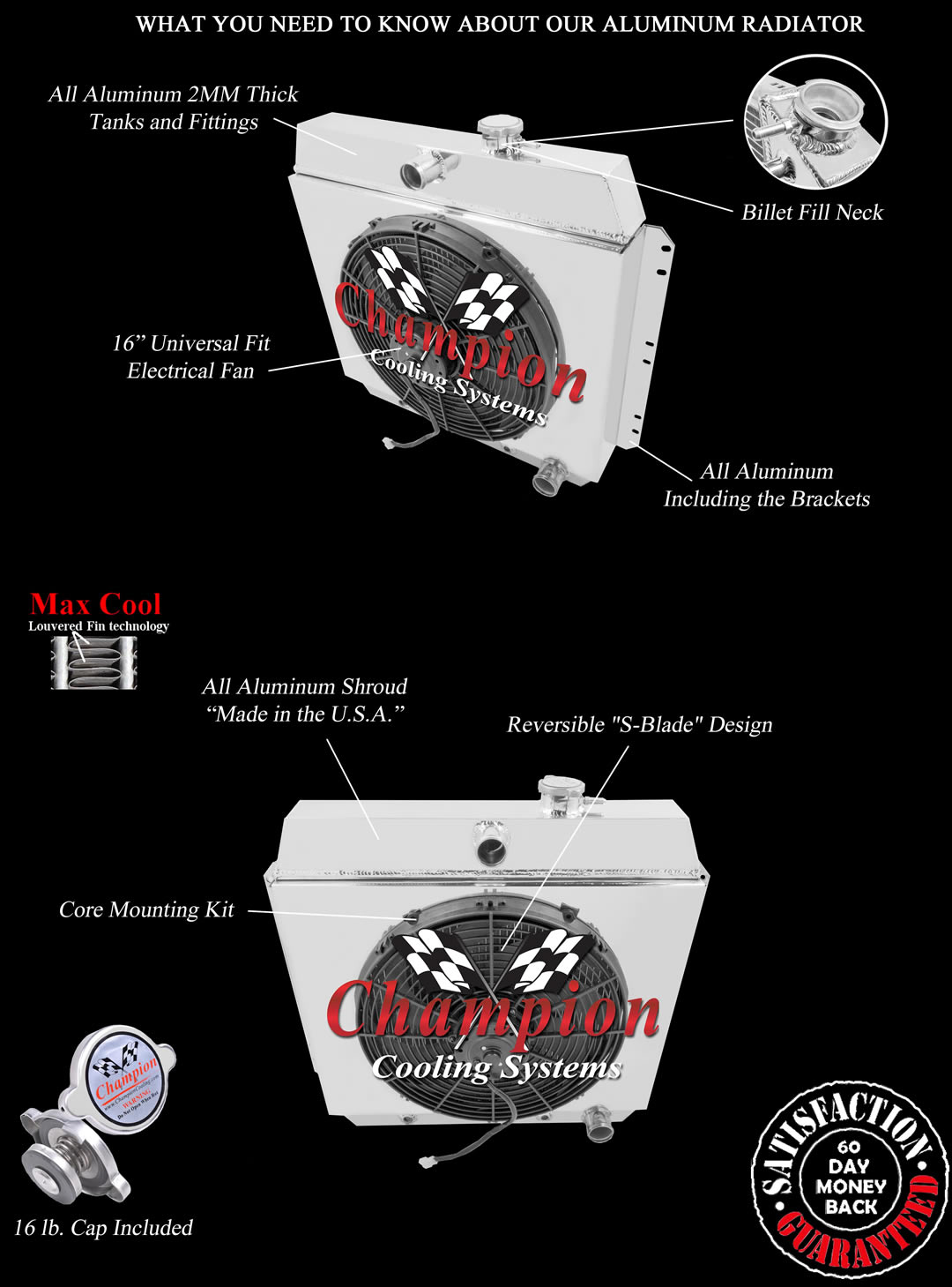 4 Row CR Champion Radiator W/ 16" Fan and Shroud for 1949 - 1954 ...